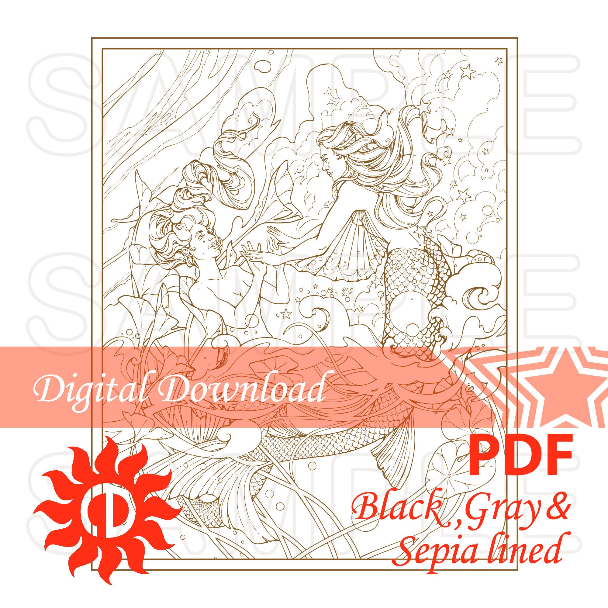 Flying Mermaid, Fantasy Mermaid Coloring Page, Mermaid Illustration ...