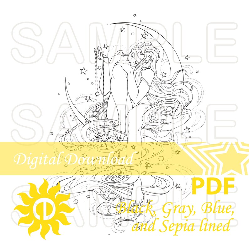 Celestial Goddess Coloring Page: Moon & Galaxy Art Nouveau (PDF) - Etsy