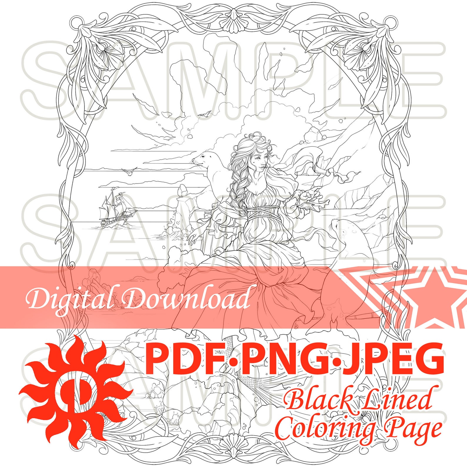 Mermaid's Cousin Coloring Page for Adults Beautiful Woman Selkie ...