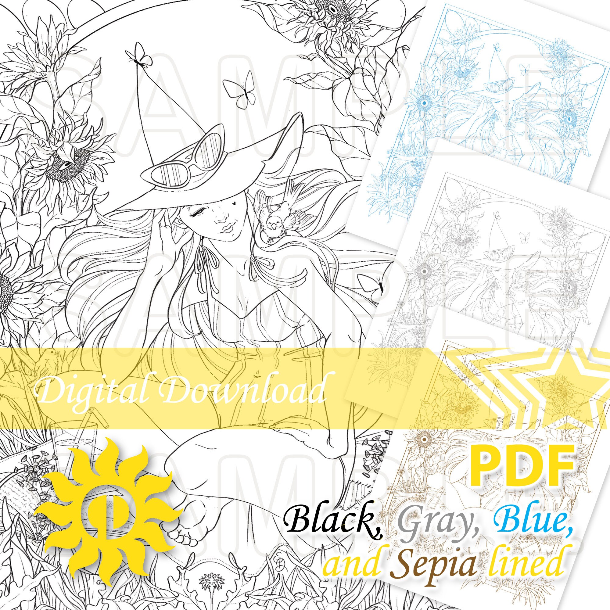 Cottagecore Witch Coloring Page: Spooky Summer Sunflower Garden (PDF ...