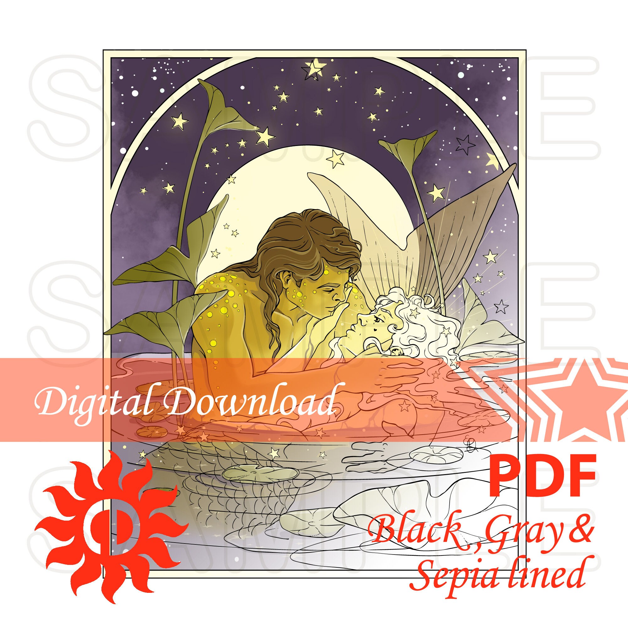 Romantic Mermaid Coloring Page Mermaid Illustration Merman Beautiful ...