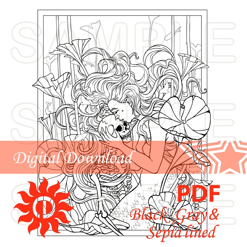 Mermaid Coloring Gothic Coloring Page Printable Illustration for ...