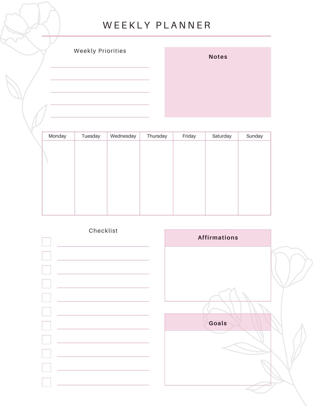 Pink Floral Weekly Planner Instant Download Printable - Etsy