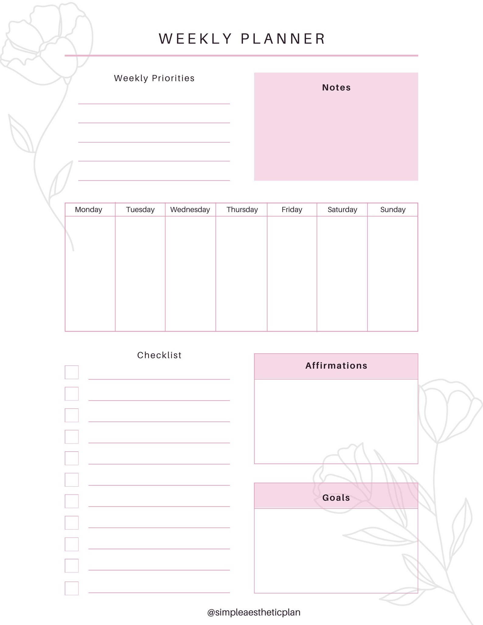 Pink Floral Weekly Planner, Instant Download, Printable - Etsy