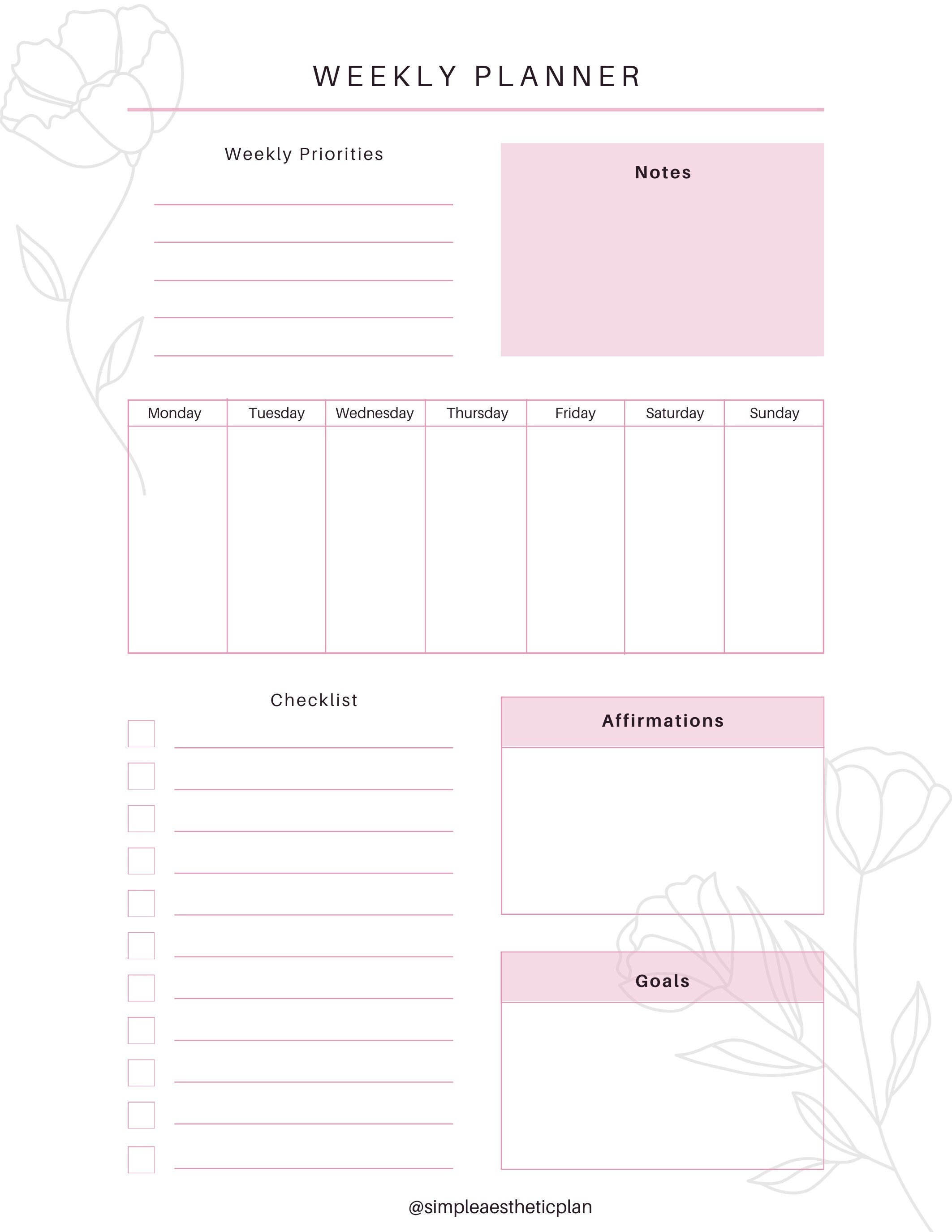 Pink Floral Weekly Planner, Instant Download, Printable - Etsy