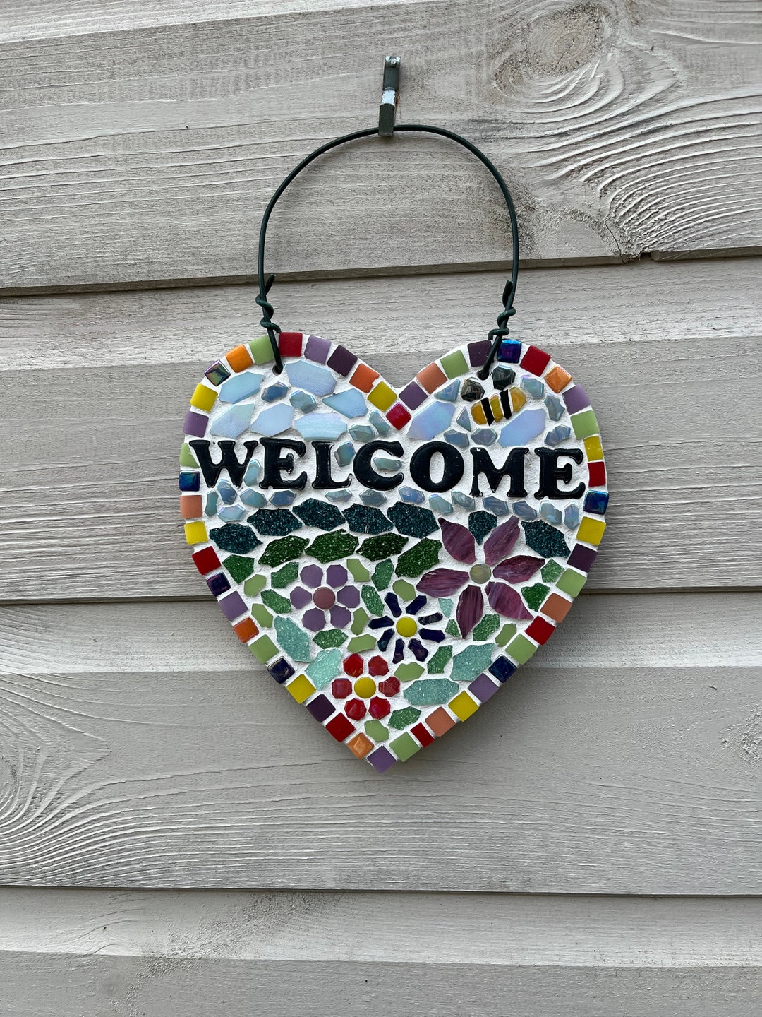Welcome Sign, Mosaic Heart, Backed on Slate, Garden Gift, Garden Wall ...
