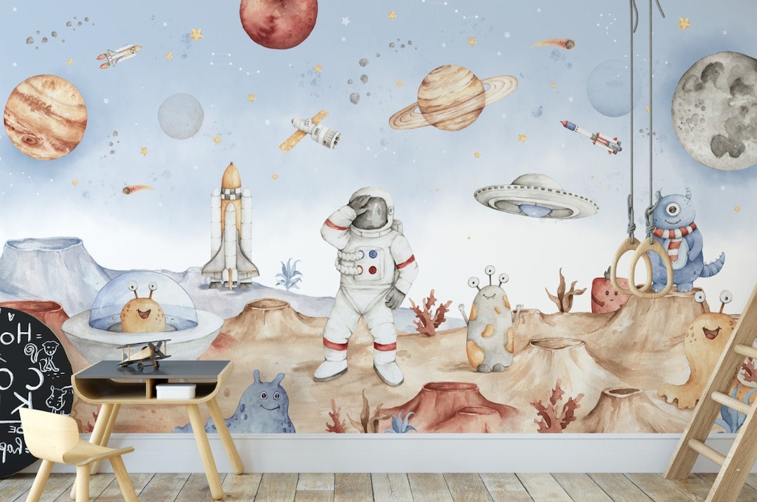 Space Wallpaper for Kids BLUE Rockets Stars Astronaut Planets / Space ...