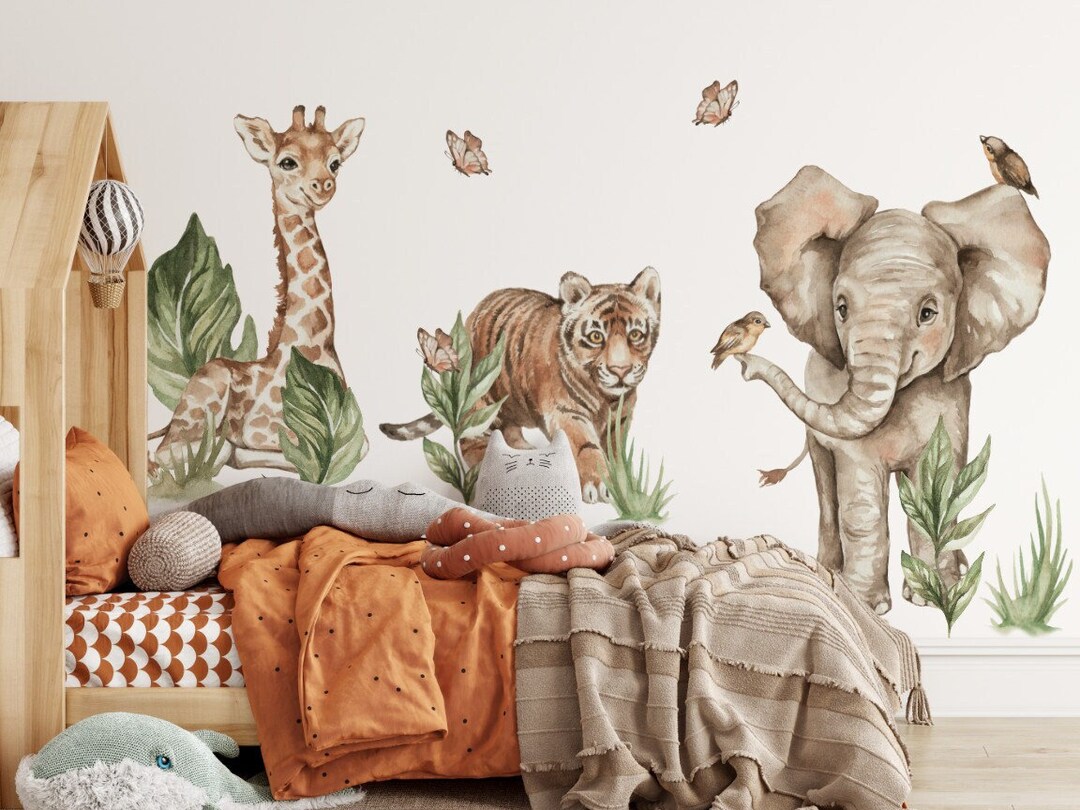 Safari Wall Stickers for Kids XL Elephant Giraffe Tiger Watercolor - Etsy