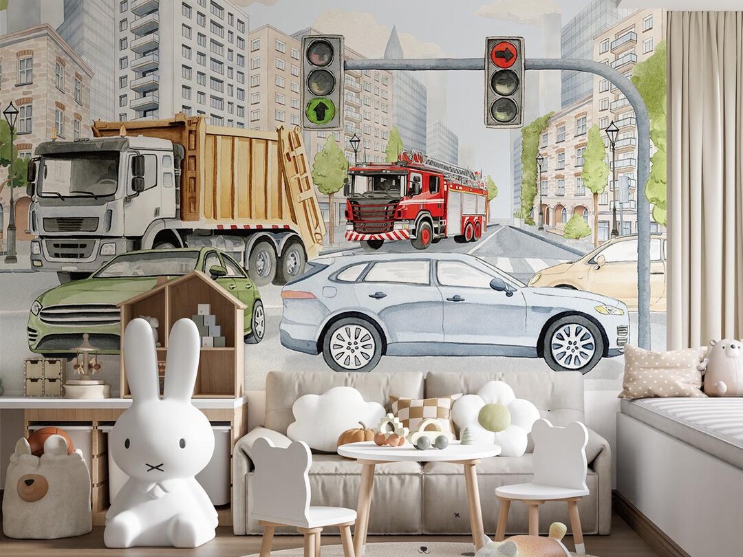 City Traffic Wall Mural – Cars Wallpaper for Boys Room Peel and Stick ...