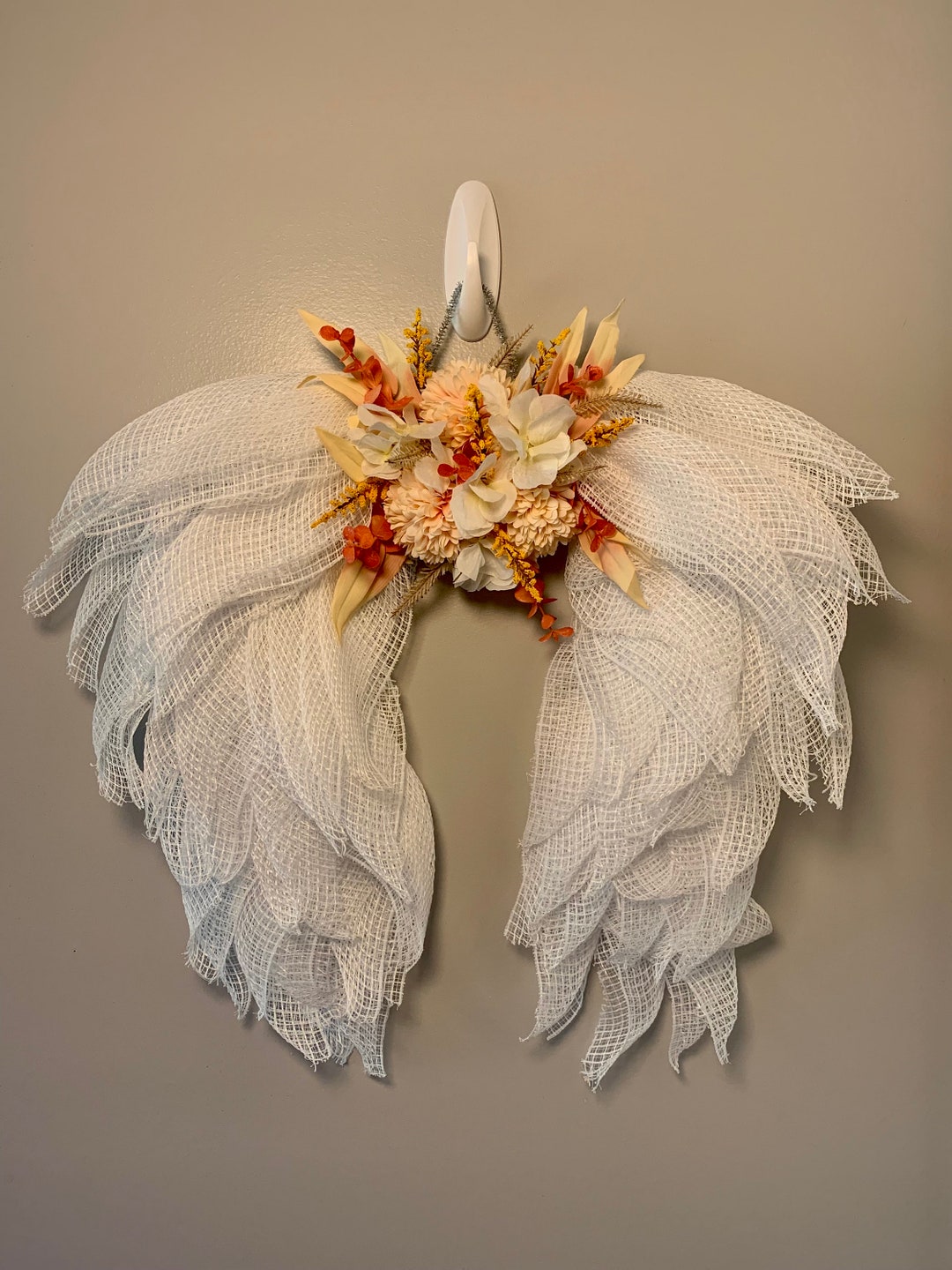 Angel Wing Deco Mesh Wreath. Peach and White, Flowers. All Occasions ...