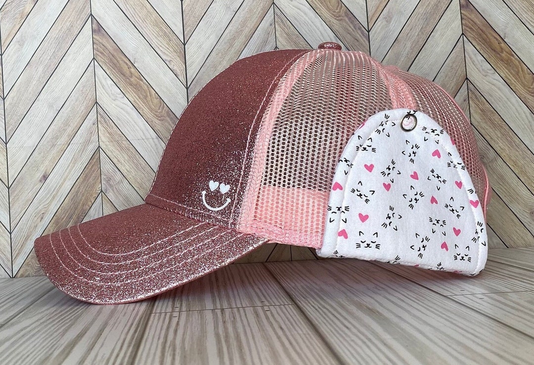 Pink Ponytail Cap With Happy Flaps, Cats With Hearts, Glitter, Mesh, 6 ...