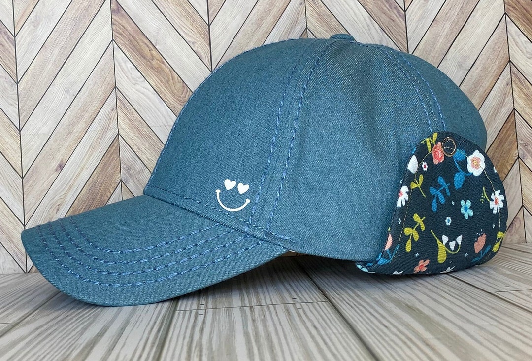 Light Blue Denim Ponytail Cap With Happy Flaps, Scandinavian Flowers, 6 ...