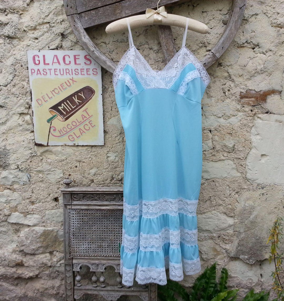 Women's Vintage French Sky Blue Nylon Full Slip With White Lace Inserts ...