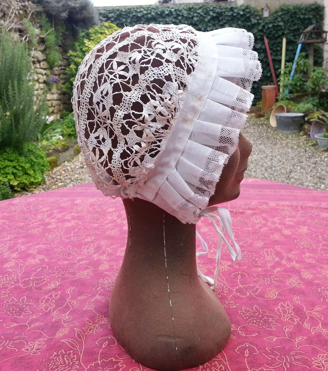 Antique French Women's Cotton Bonnet With Lacy Openwork Back and Stiff ...