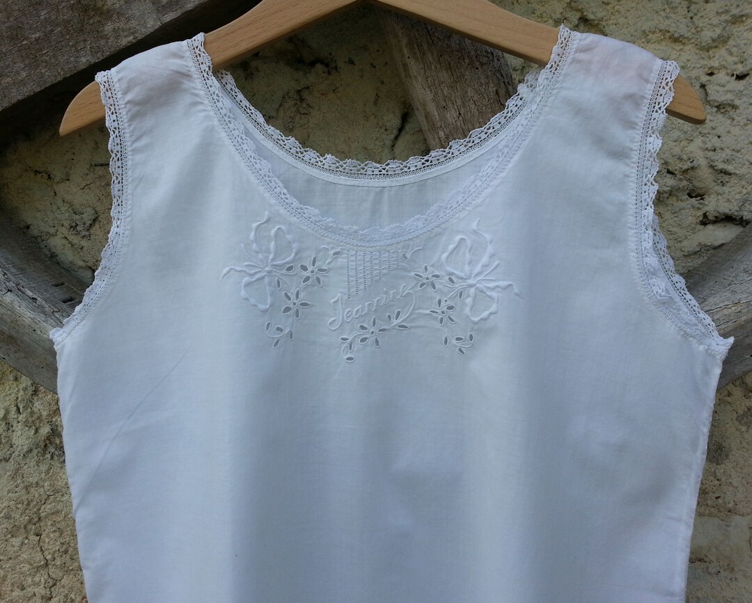 Vintage French Child's Chemise Slip White Cotton Embroidered With Name ...