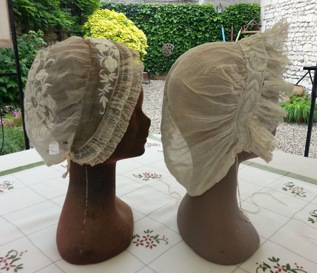 2 Antique French Women's Traditional White Handmade Embroidered Bonnets ...