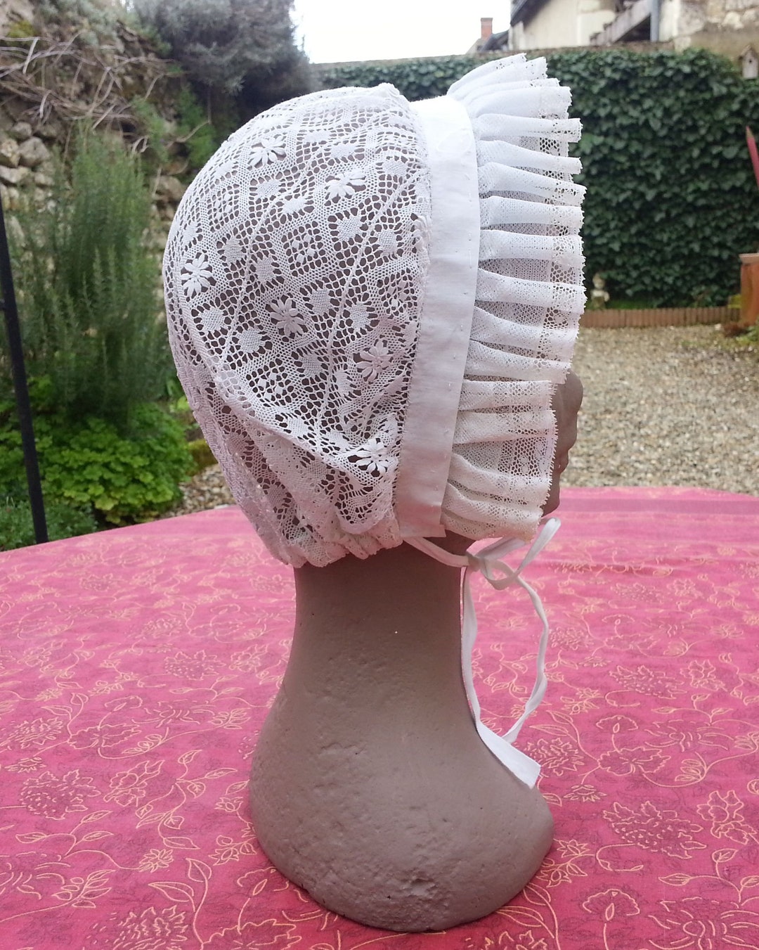 Vintage French Women's Off-white Cotton Bonnet With Lace Edged Front ...