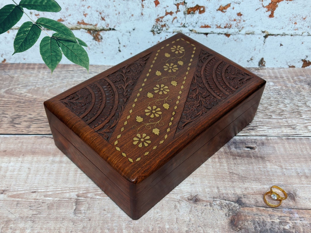 Wooden box/Floral carved inlaid/Boho Decor/hippie decor/carved - Etsy ...