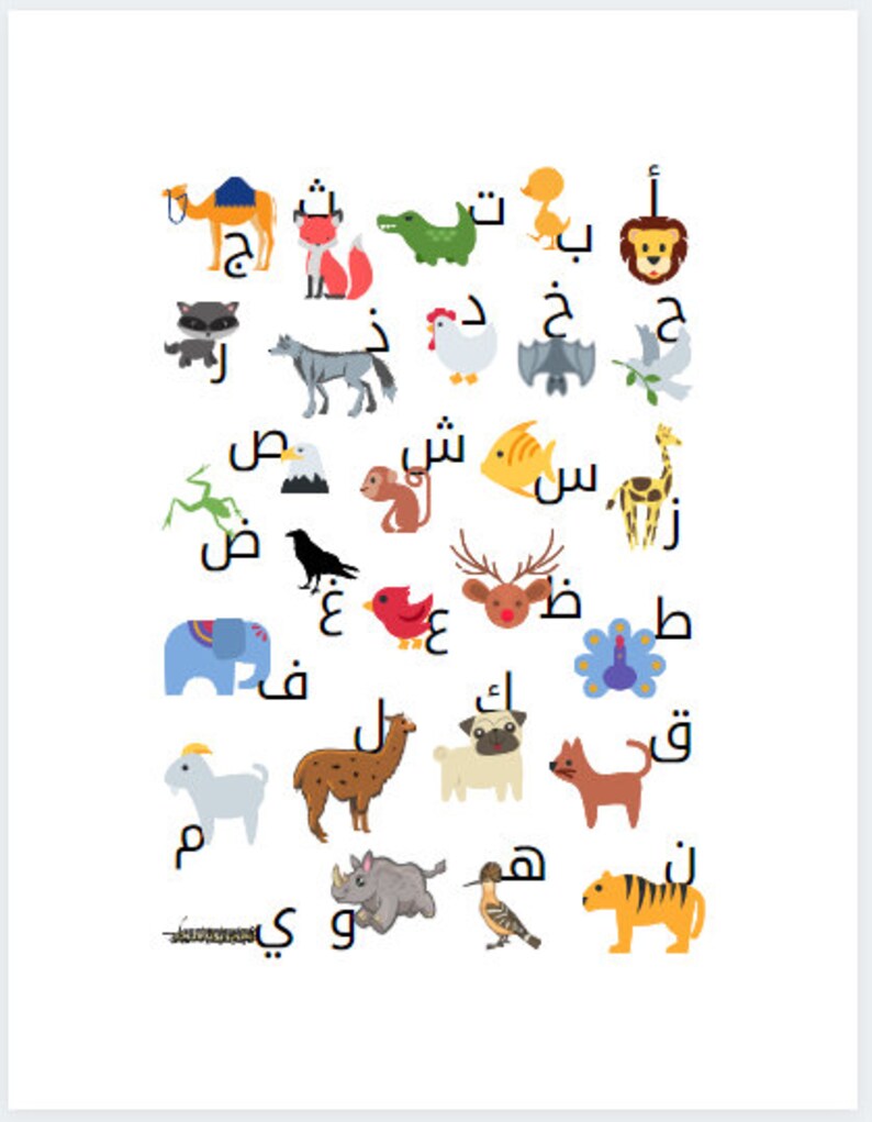Arabic Animal Alphabet Print Printable Alphabet Chart - Etsy