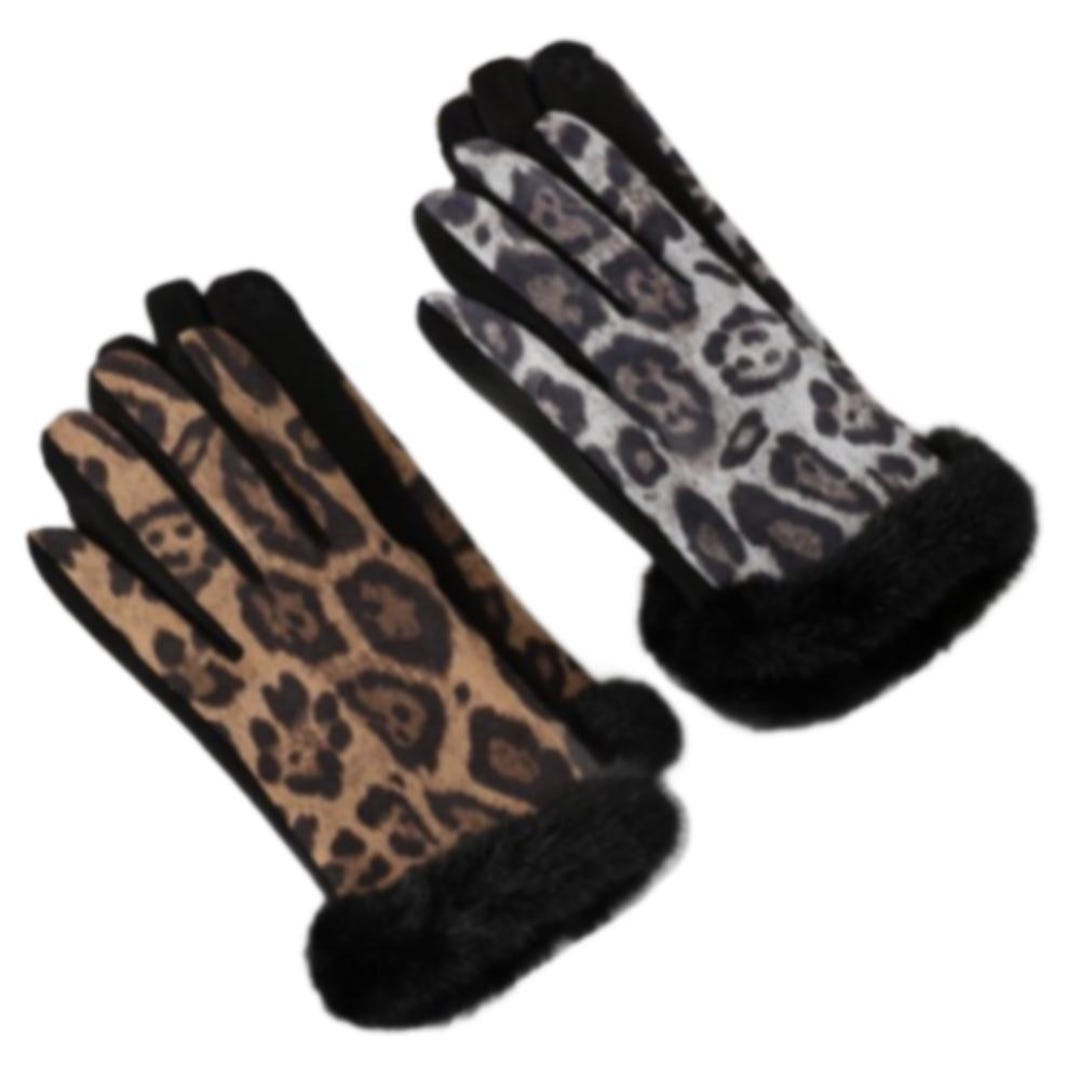 Women's Animal Print Cheetah Leopard Gloves Faux Fur Trim Winter Fall ...