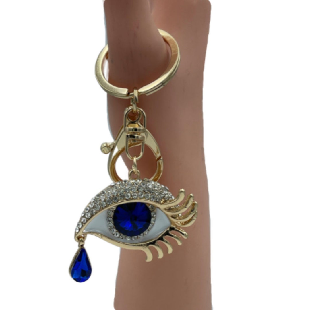 3D Evil Eye Tear Drop Keychains Keyrings Key Finder Big Blue Rhinestone ...