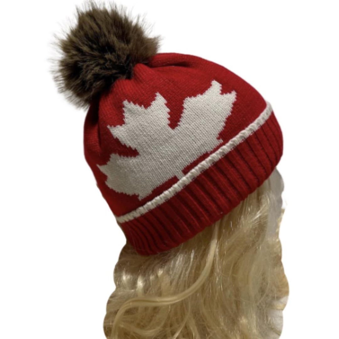 Unisex New Beanie Hat Tuque Winter Canada Maple Leaf Red Pom Pom ...