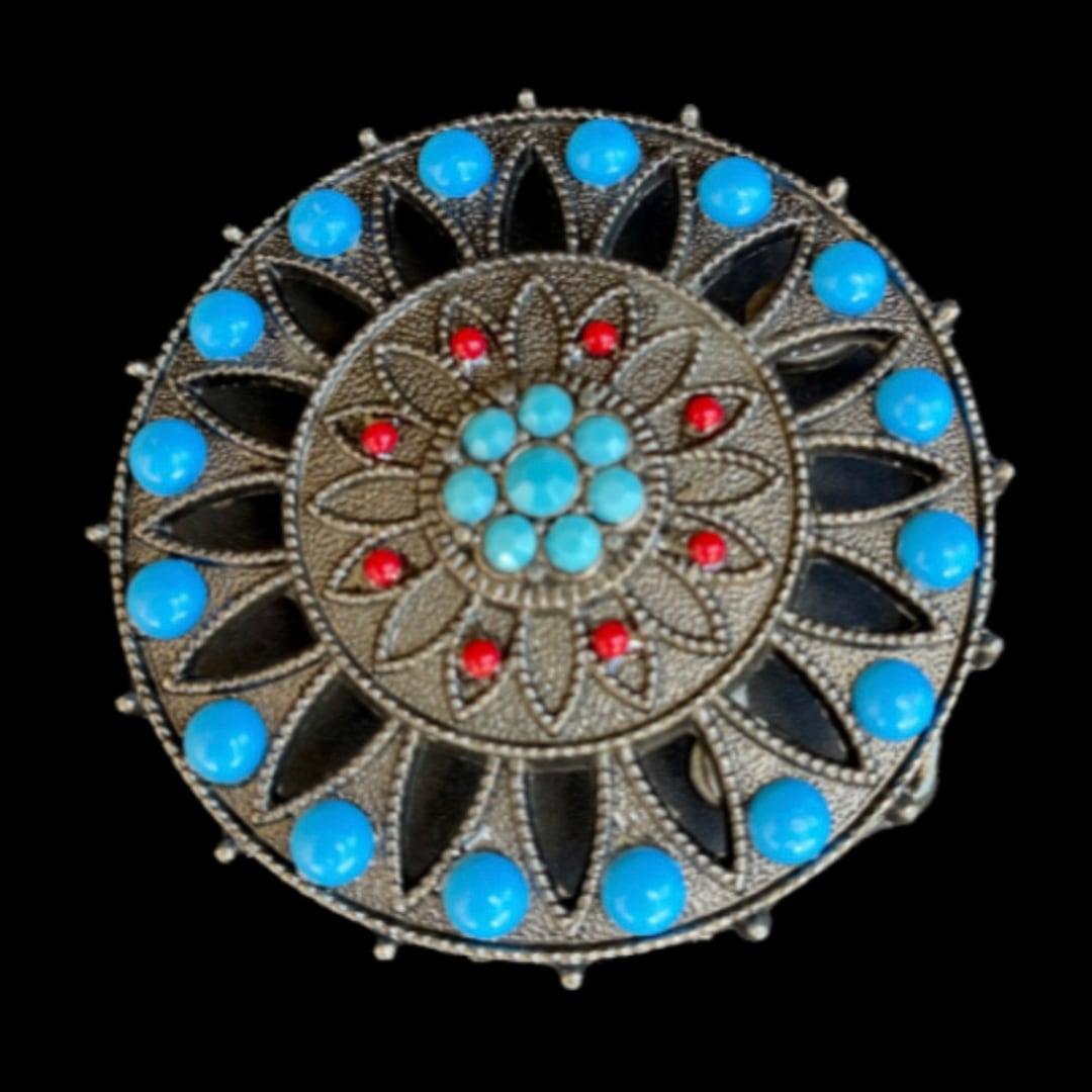 Spirograph Blue and Red Stones Plaque Antique Nickle Round Belt Buckle ...