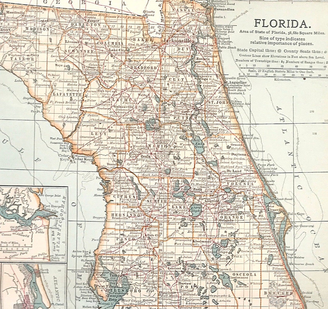 Map of State of Florida 1901 Showing Key West Tampa Bay St Augustine St ...