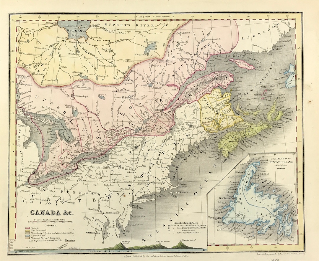 Map of Canada 1840 Showing Mountain Ranges, Population Original With ...