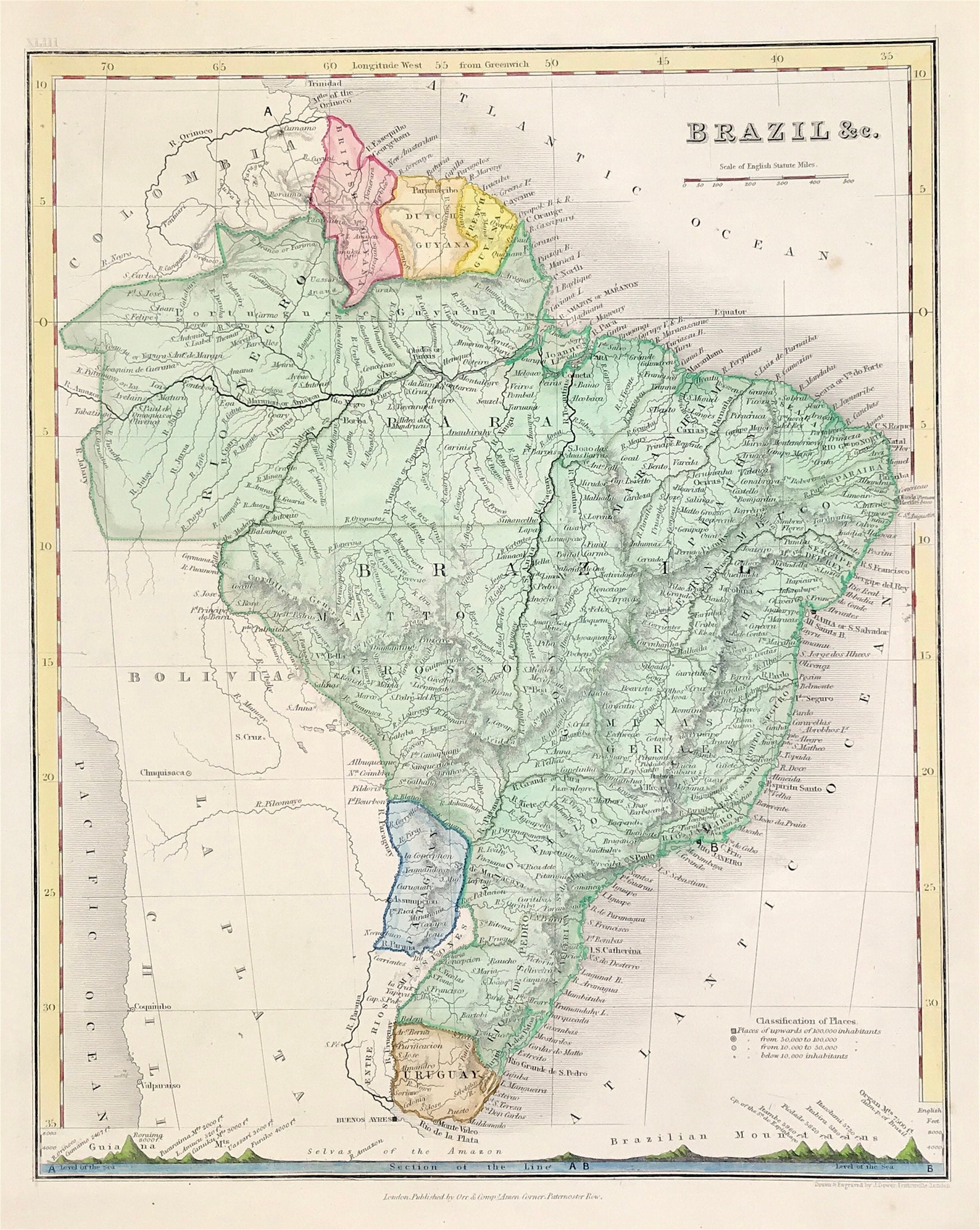 map collector gift Antique Map of Brazil showing Mountain Ranges ...