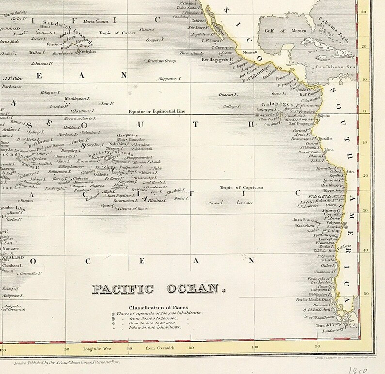 Pacific Ocean Map 1850 With Clasification of Places and Mountain Range ...