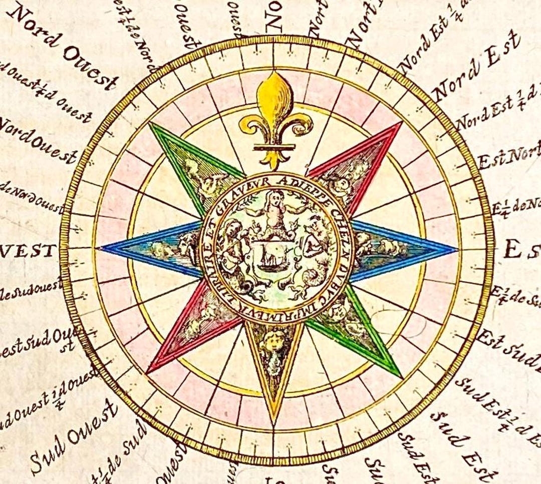 Compass Rose Chart Engraved by Alain Mallet C1683 Hand Colored Original ...