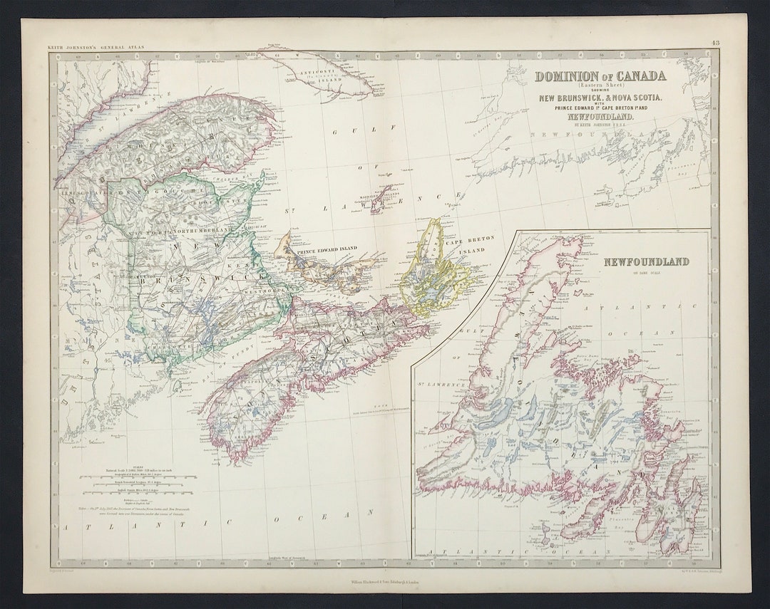 Canada Map New Brunswick Nova Scotia and Newfoundland 1869 Antique by A ...