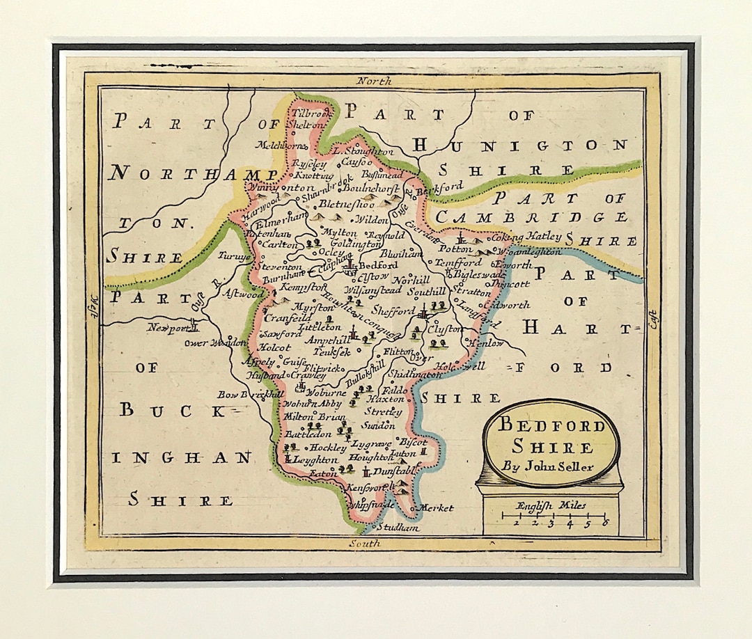 Map of Bedfordshire England C1695 Fine Details of County, Antique ...
