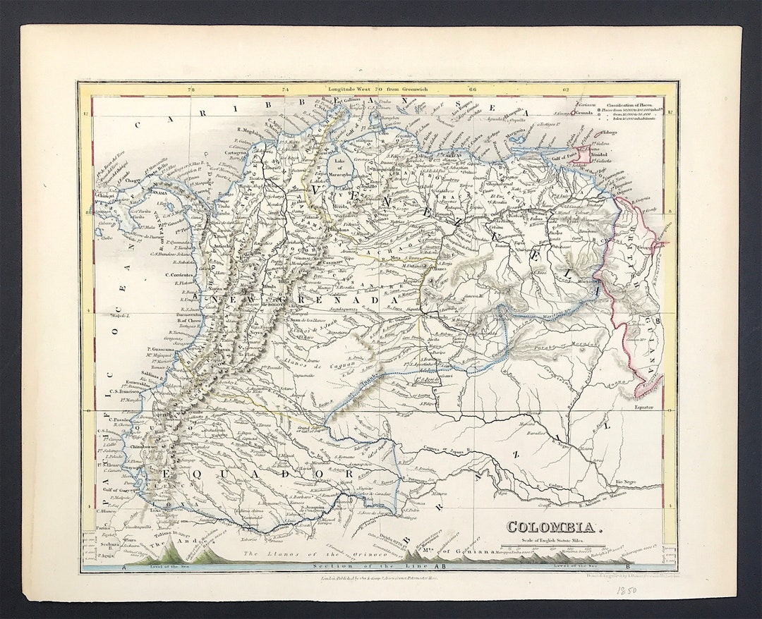Antique Map of COLOMBIA C1850 With Clasification of Places and Mountain ...