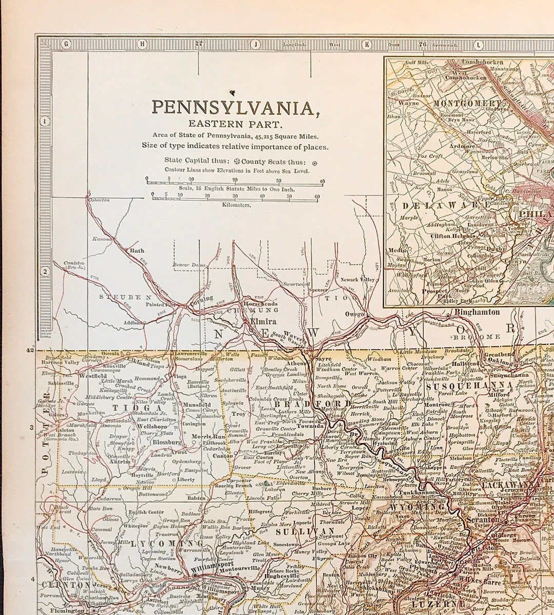 Pennsylvania State Map 1901 the Eastern Part Philadelphia Allegheny ...