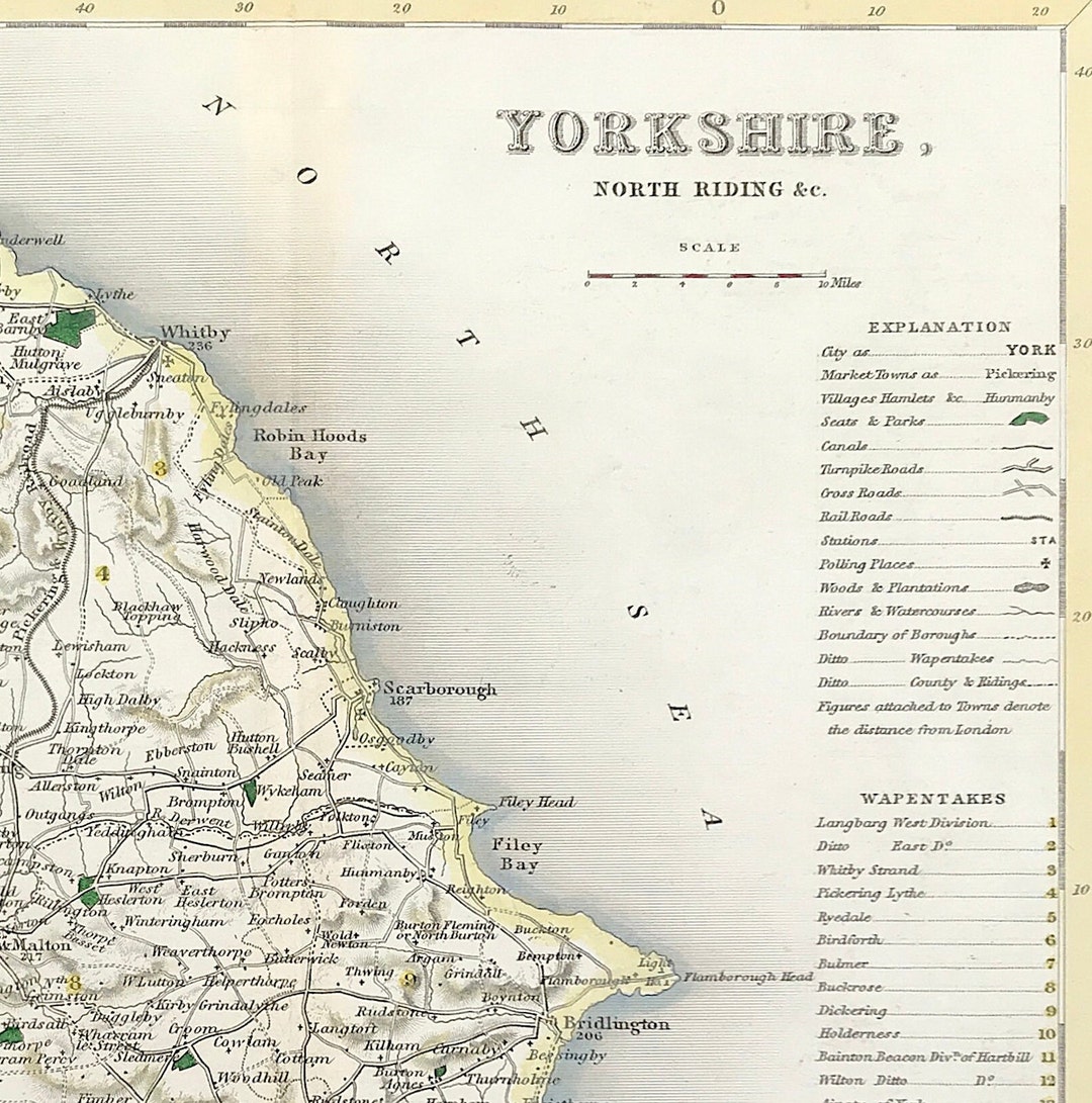 1840 Yorkshire Map North Riding Whitby Coast Antique Small Fine ...
