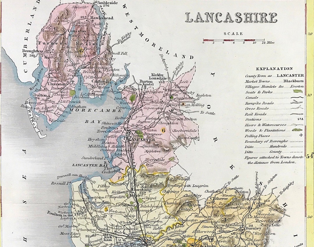 Map of Lancashire England C1840 Antique Hand Coloured Engraved by ...