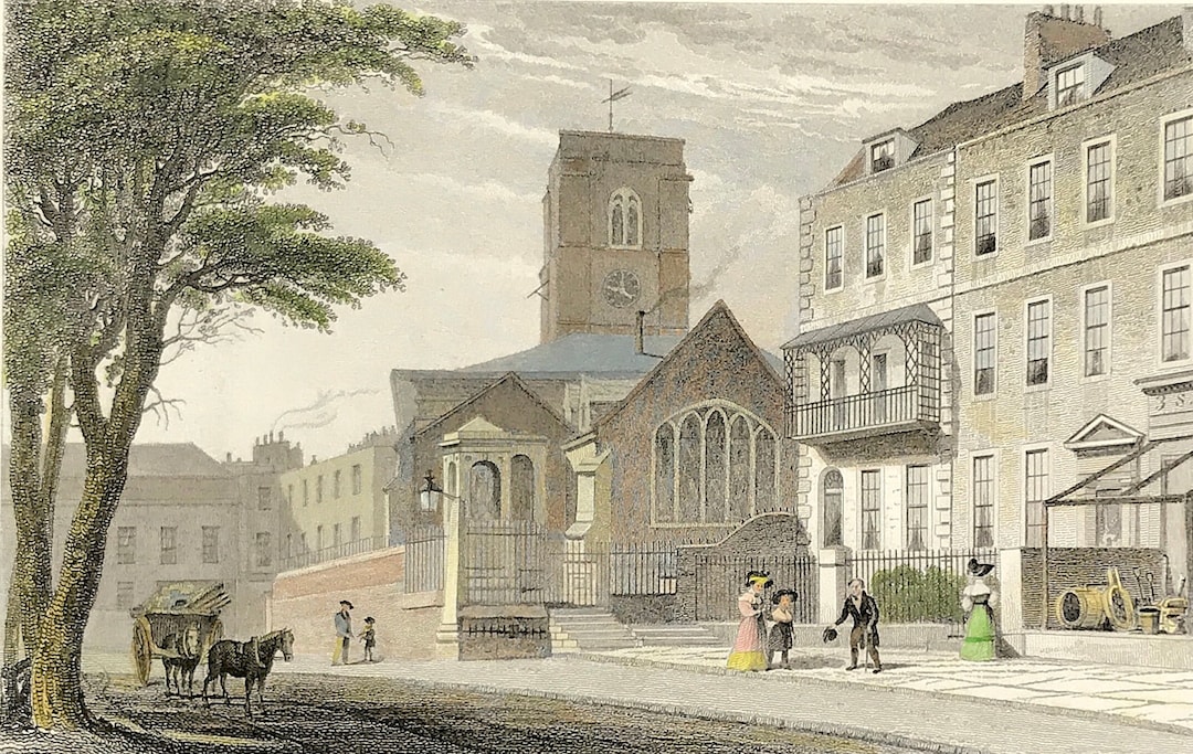 Chelsea Old Church Antique Print, Thomas H. Shepherd, 1828 Hand-colored ...