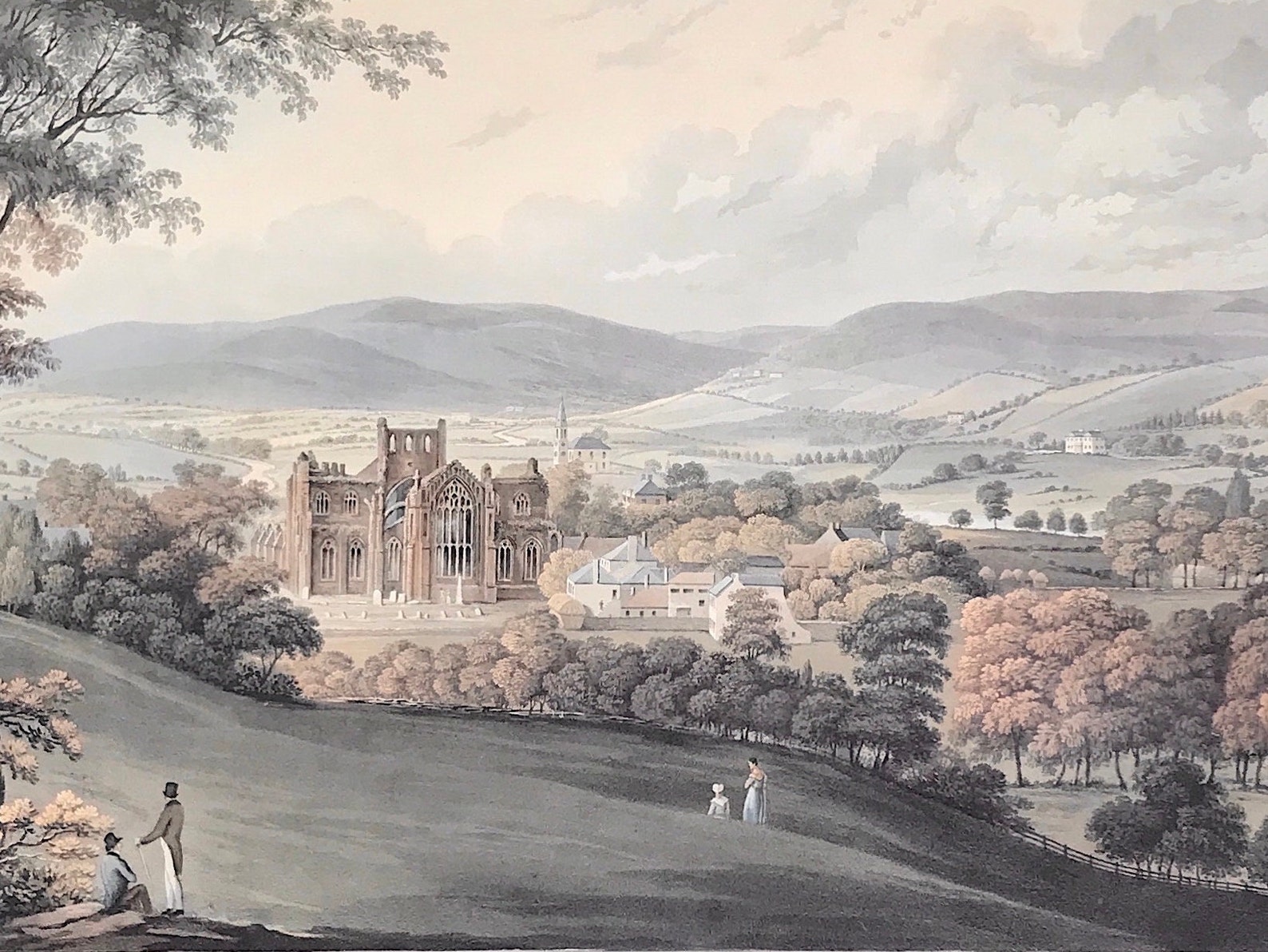 Melrose Town 1824 in the Scottish Boarders by Clark From the views in Scotland Series Etching ...