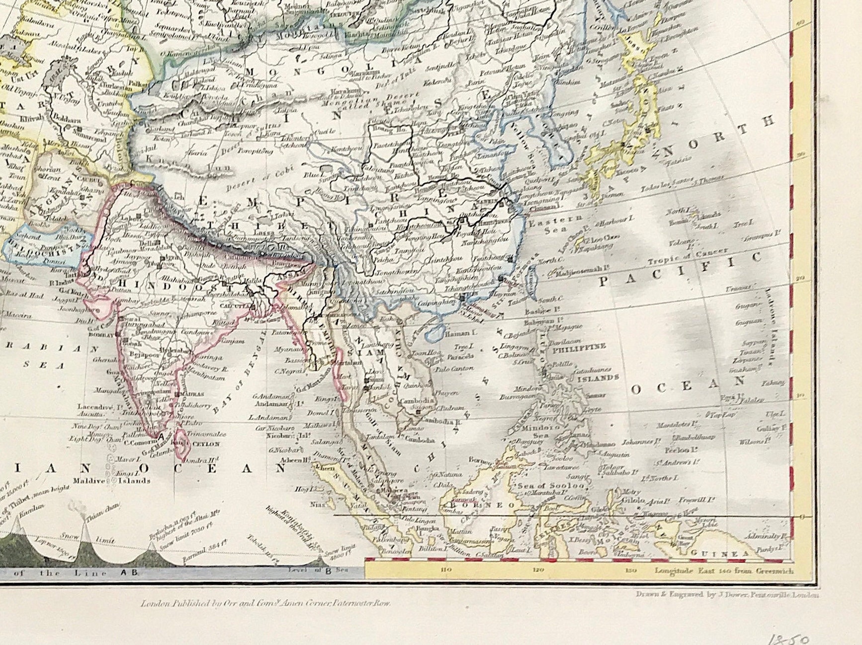 Asia Map 1850 With Clasification of Places and Mountain Range Heights ...