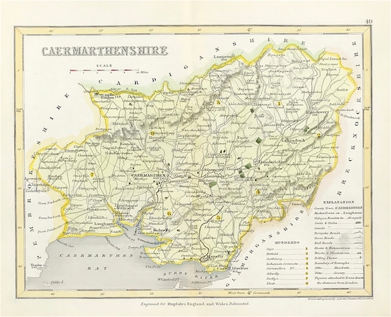 Wales Carmarthenshire map 1840 small fine detailed map ready | Etsy