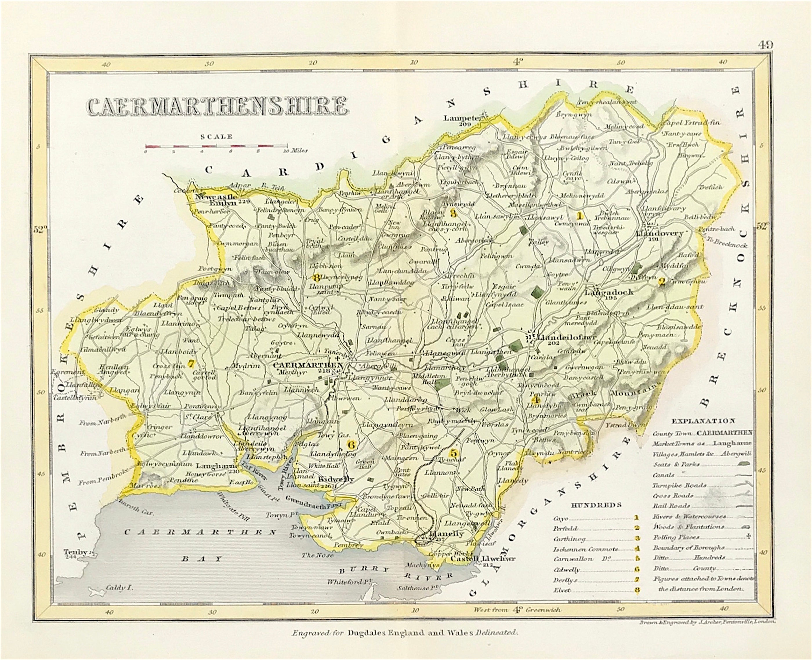 Wales Carmarthenshire map 1840 small fine detailed map ready | Etsy