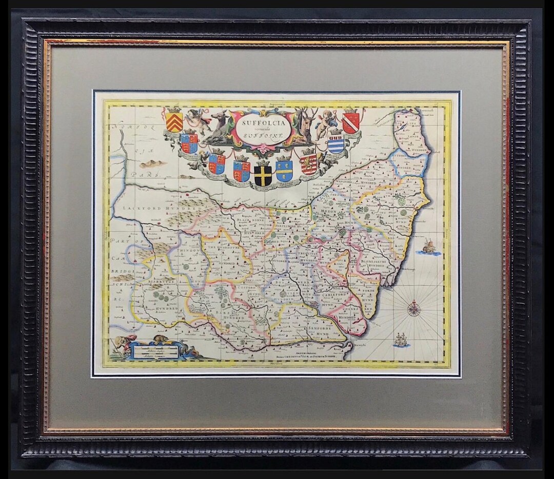 Framed Map of Suffolk 1694 Original by Schenk and Valk With Fine Hand ...