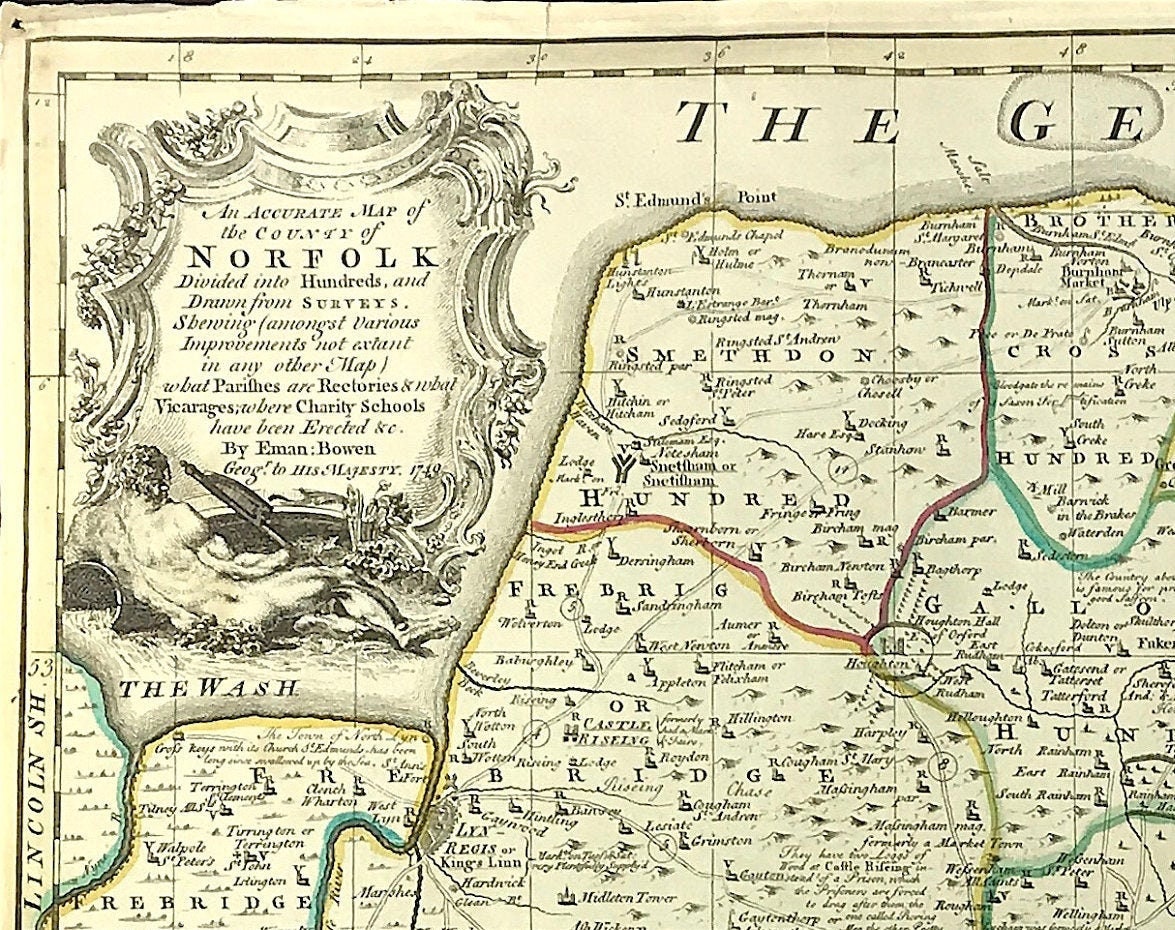 1763 Norfolk County Map by Emanuel Bowen Large Original Copper Engraved ...