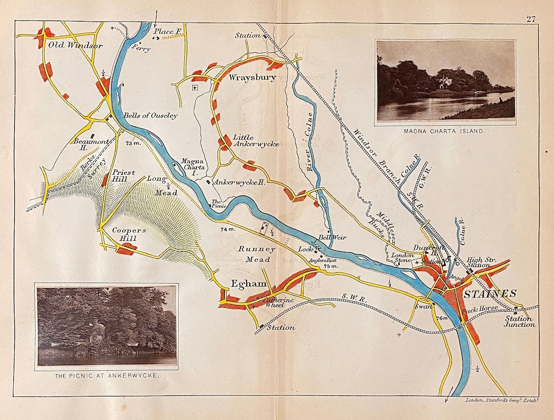 Map of River Thames by Henry W. Taunt C1885 From Old Windsor via Egham ...