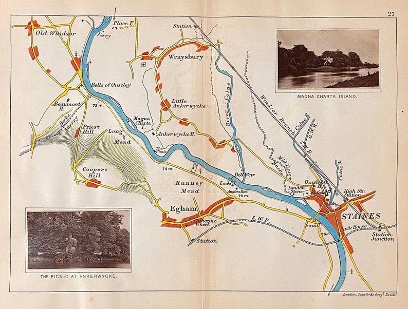 Map of River Thames by Henry W. Taunt C1885 From Old Windsor via Egham ...