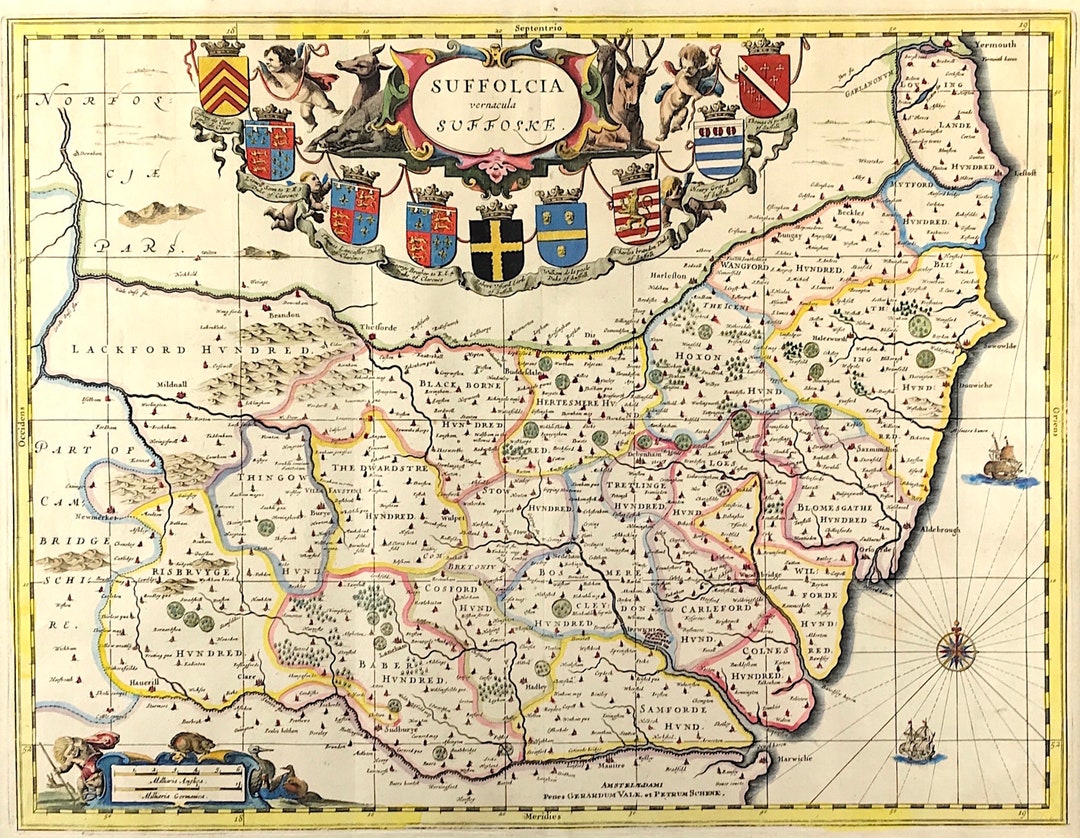 Map Suffolk 1694 Original by Schenk and Valk With Fine Hand Color 325 ...