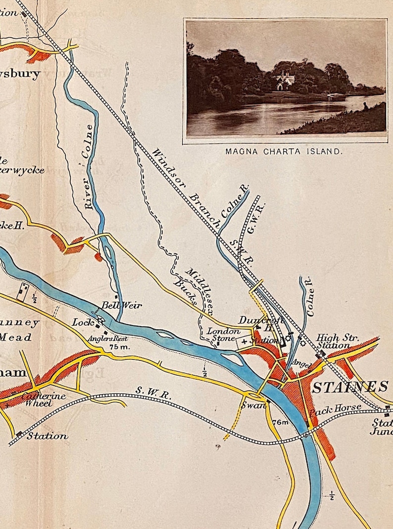 Map of River Thames by Henry W. Taunt C1885 From Old Windsor via Egham ...
