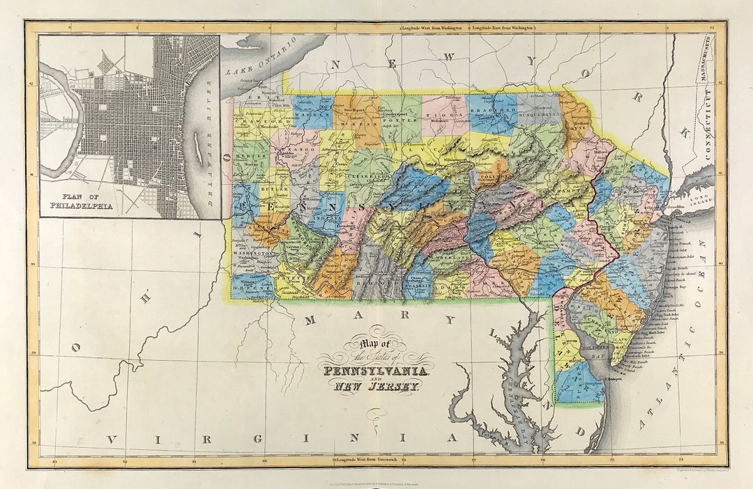 Pennsylvania & New Jersey States Map 1831 Original With - Etsy